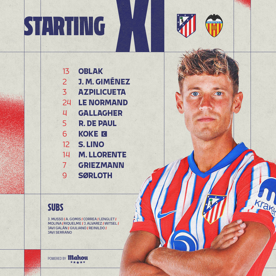 Here's our starting XI vs Valencia - Club Atlético de Madrid · Web oficial