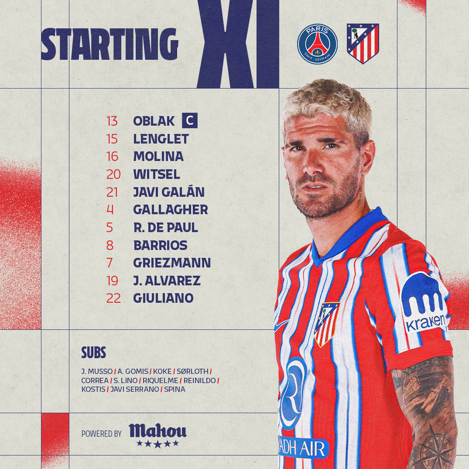 Here's our starting XI vs PSG - Club Atlético de Madrid · Web oficial